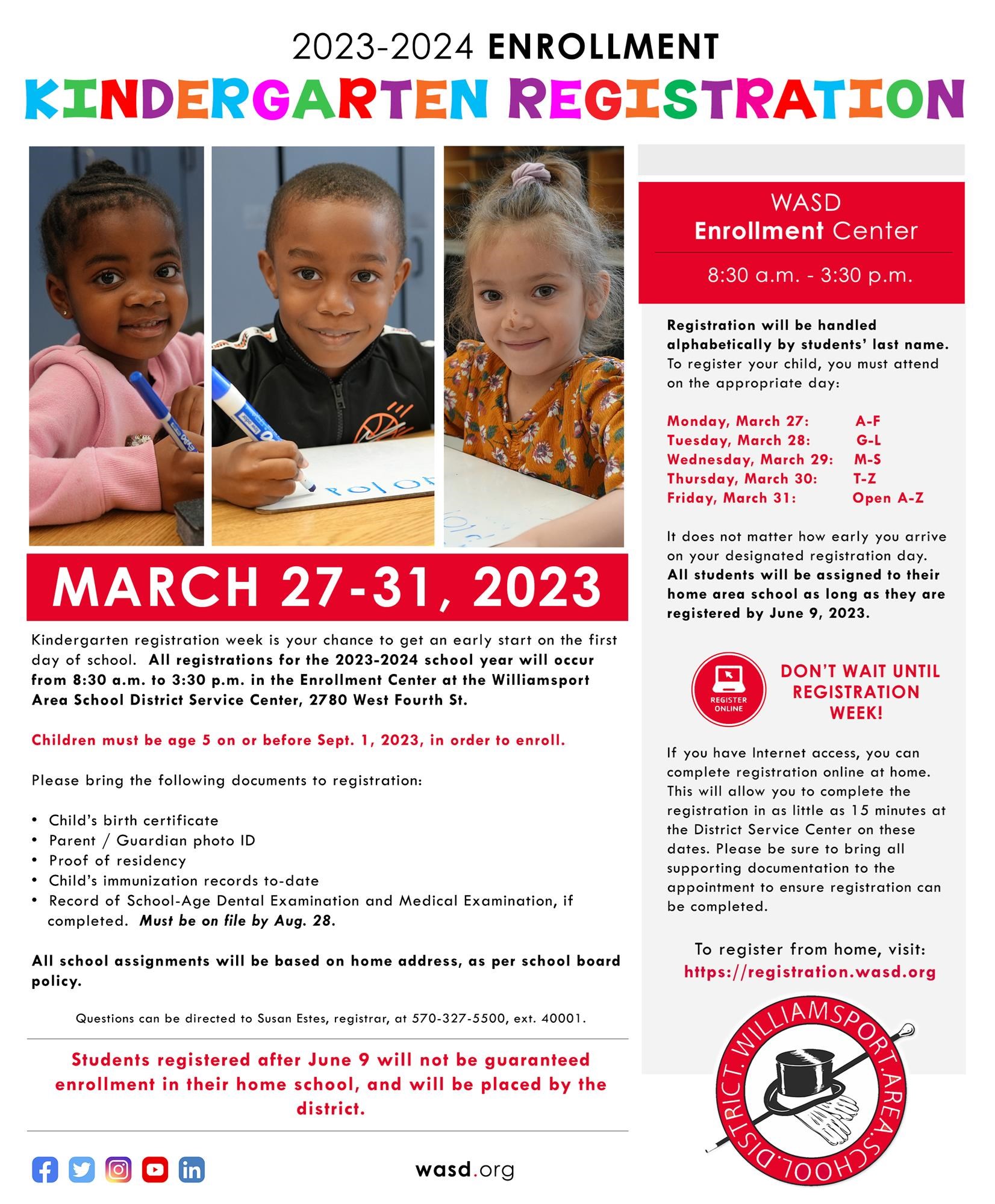2023-2024 Kindergarten Registration Week | Williamsport Area School ...