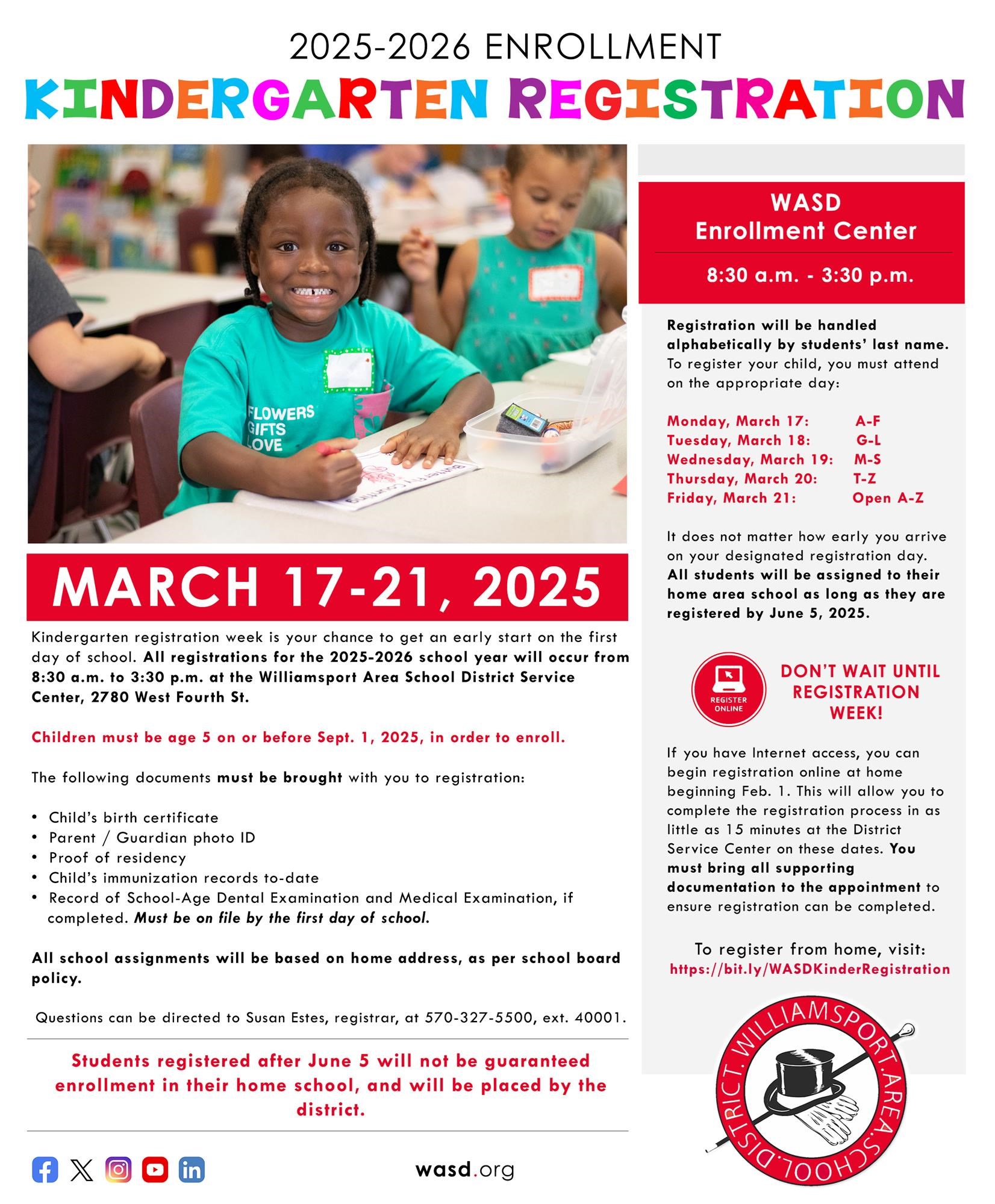 Kindergarten Registration Week (March 17-21) | Williamsport Area School ...